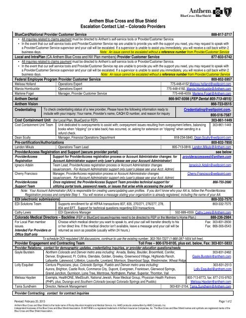 Escalation Contact List Anthem