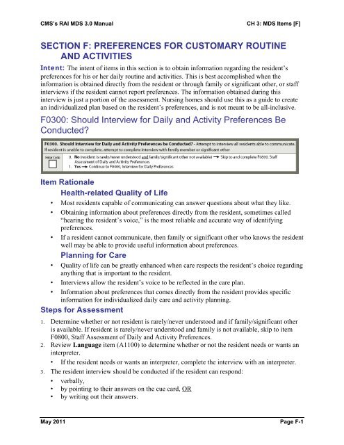 MDS 3.0 Chapter 3 - Section F V1.05 May 2011 - AANAC