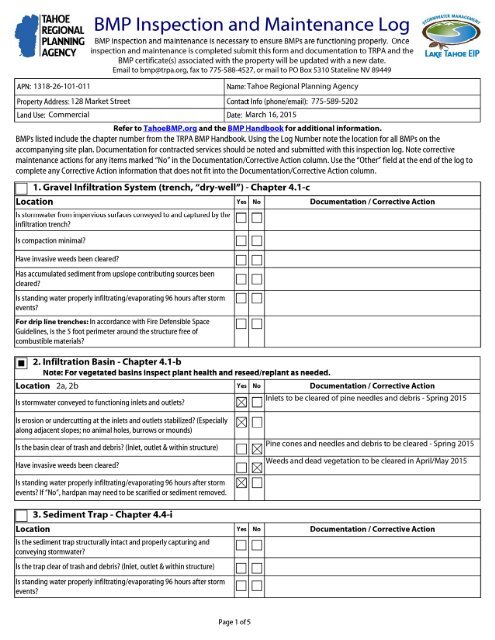 EXAMPLE INSPECTION AND MAINTENANCE LOG - Tahoe BMP