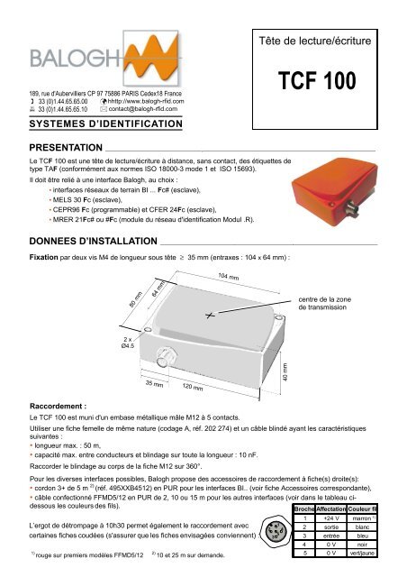 Fiche technique TCF100. - Balogh technical center