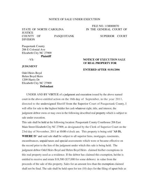 notice of sale under execution file no. 11m000070 state of north ...