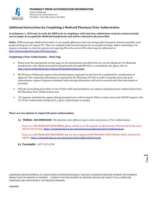 Standardized Prior Authorization Form Instructions - Mississippi ...