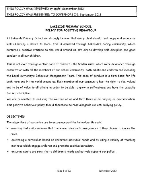 Positive behaviour policy - Lakeside Primary School