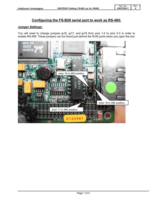 Configuring the FS-B20 serial port to work as RS-485: - FieldServer ...