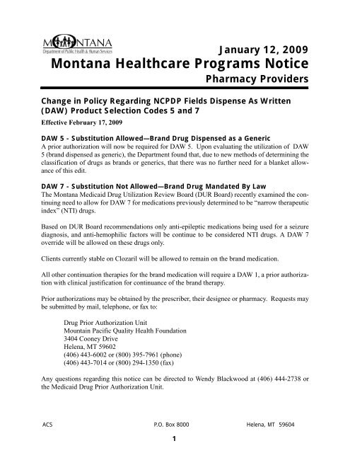 (DAW) Product Selection Codes 5 and 7 - Montana Medicaid ...