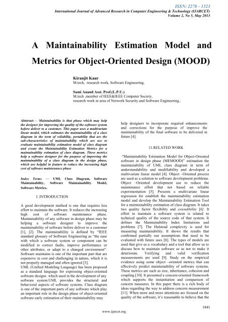 A Maintainability Estimation Model And Metrics For Object Oriented