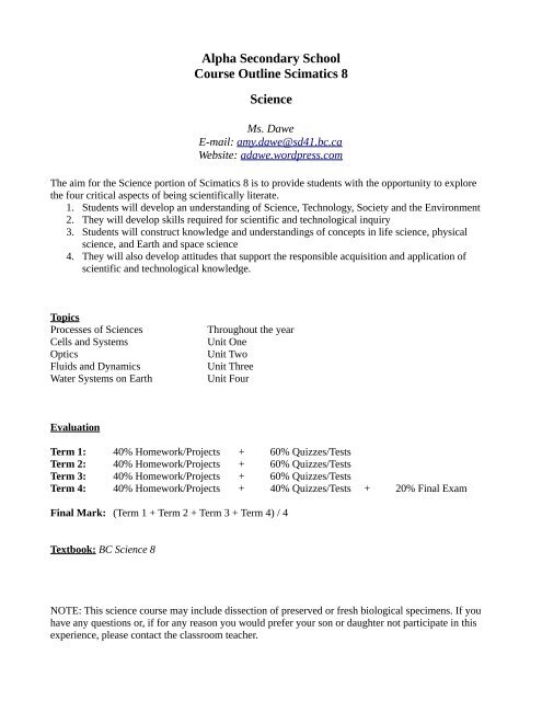 course outline & expectations - Math & Science with Ms. Dawe