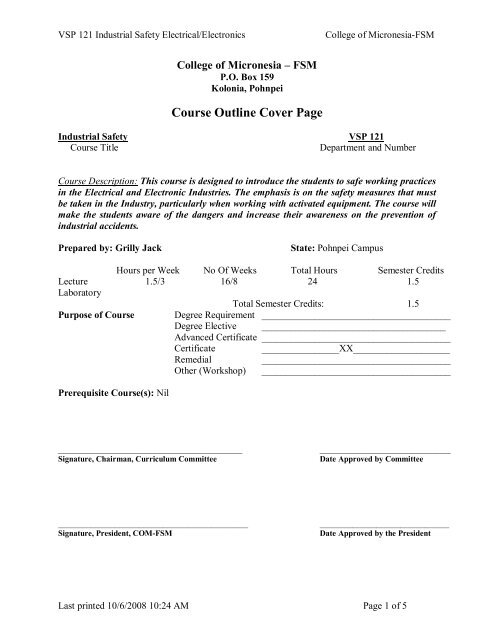 Course Outline Cover Page - College of Micronesia - FSM