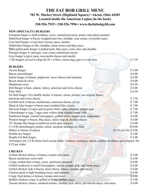 THE FAT BOB GRILL MENU