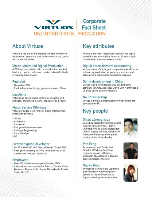 Corporate Fact Sheet About Virtuos Key attributes Key people