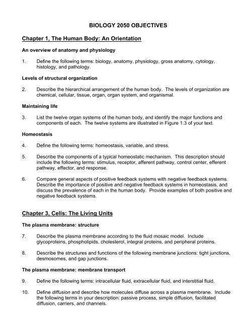 BIOLOGY 2050 OBJECTIVES Chapter 1, The Human Body: An ...
