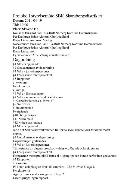 Protokoll styrelsemöte SBK Skaraborgsdistriktet Dagordning