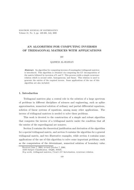 an algorithm for computing inverses of tridiagonal matrices with ...