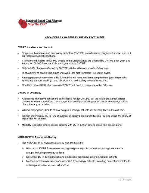 Fact Sheet - DVT/PE Oncology Awareness Survey
