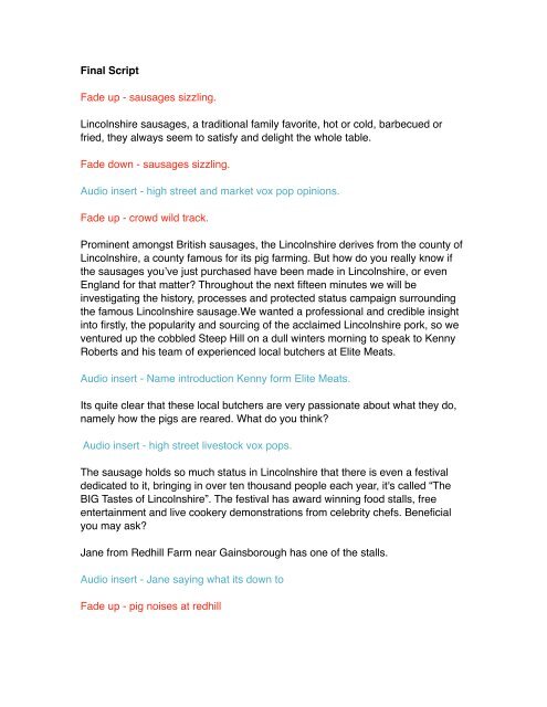 final radio script - Lincolnshire Sausage Feature