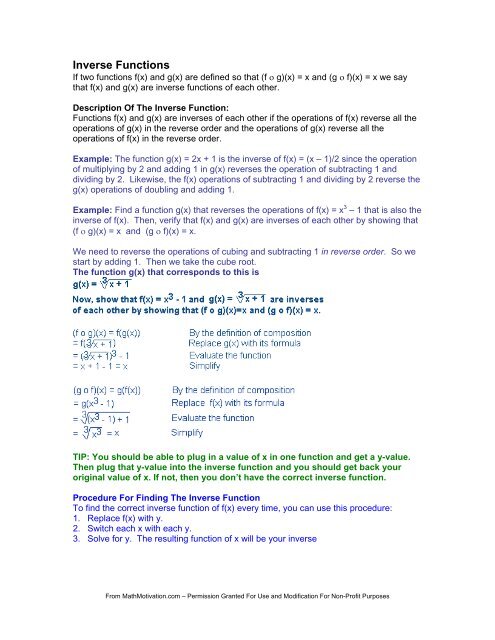 Inverse Functions - PDF Form - Math Motivation