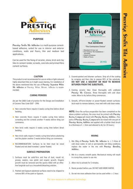 Prestige Stafix Tile Adhesive - Prestige Adhesives