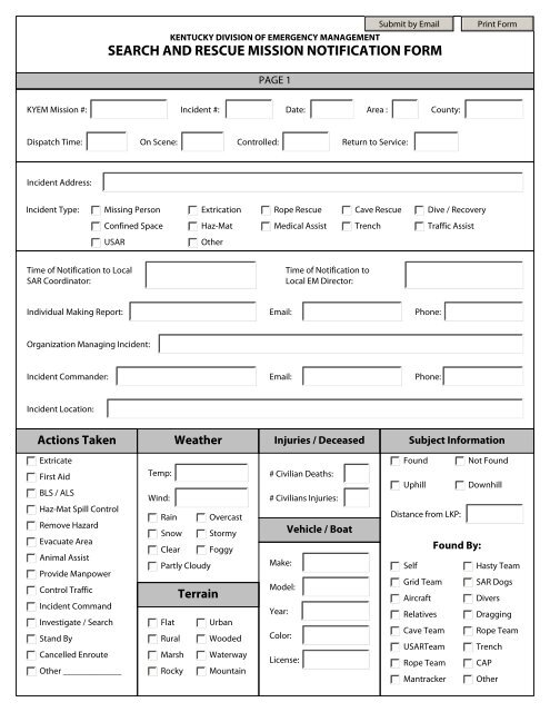 SEARCH AND RESCUE MISSION NOTIFICATION FORM