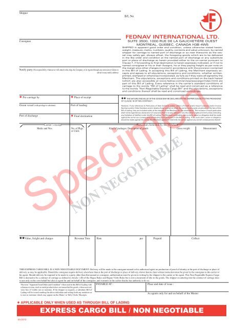 View an Express Cargo Bill of Lading specimen - Fednav