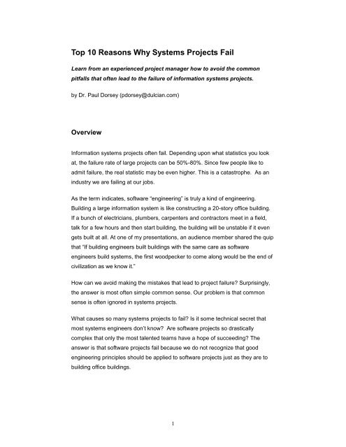 Top 10 Reasons Why Systems Projects Fail - Dulcian, Inc.