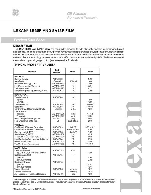LEXAN® 8B35F AND 8A13F FILM - Cadillac Plastic