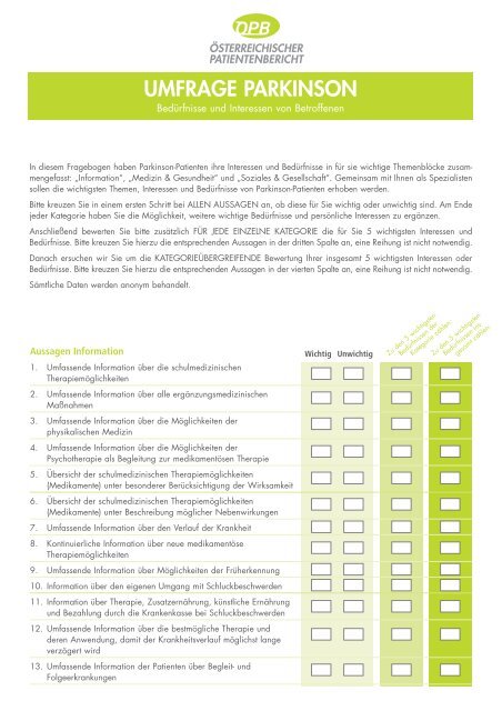 Fragebogen Parkinson - Österreichischer Patientenbericht