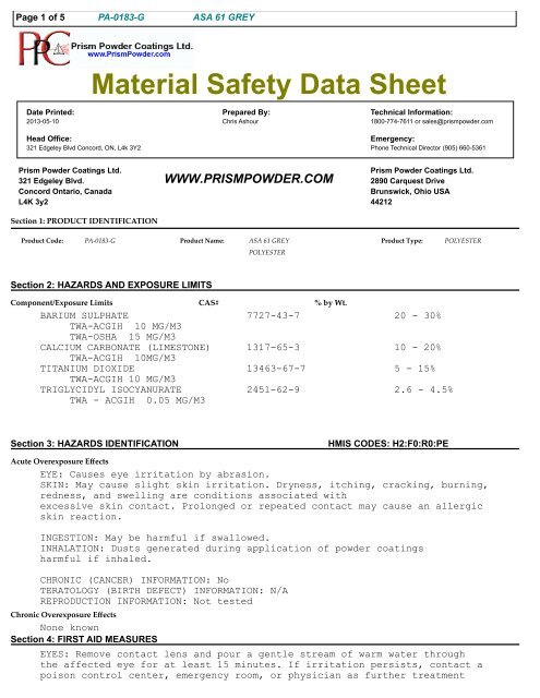 Material Safety Data Sheet - Prism Powder Coating LTD.