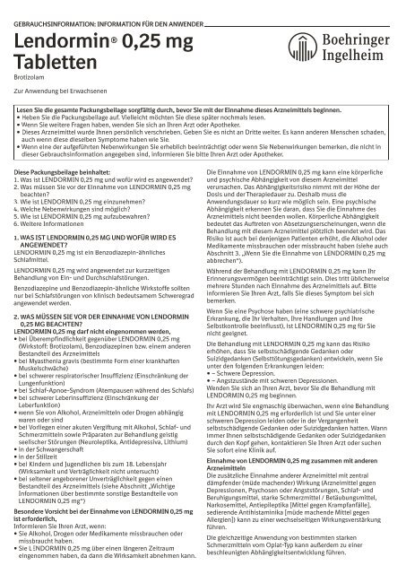 Lendormin® 0,25 mg Tabletten - Boehringer Interaktiv