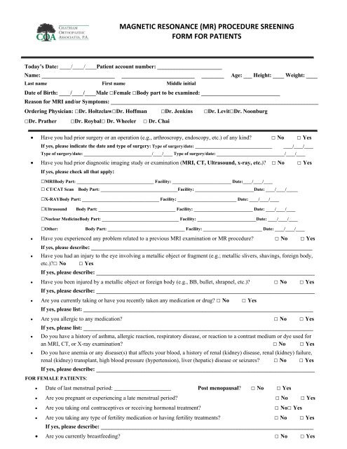 MRI Form (PDF) - Chatham Orthopaedic Associates