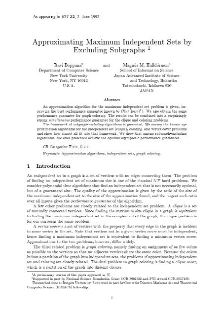 Approximating Maximum Independent Sets by Excluding Subgraphs 1 Approximating Maximum Independent Sets by Excluding Subgraphs 1