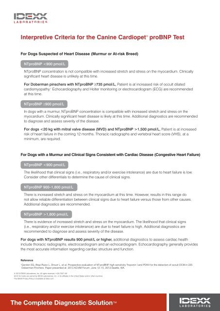 Interpretive Criteria for the Canine Cardiopet® proBNP Test - IDEXX ...