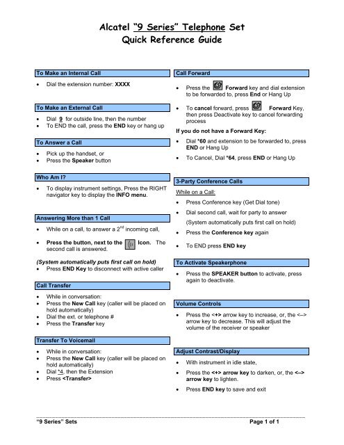 Alcatel 9 Series Telephone Set: Quick Reference Guide