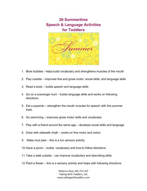 20 Summertime Speech & Language Activities for Toddlers
