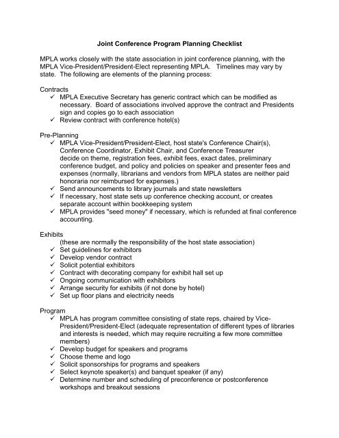 Joint Conference Program Planning Checklist MPLA works closely ...
