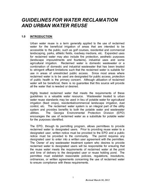 design guidelines for water reclamation and urban water reuse