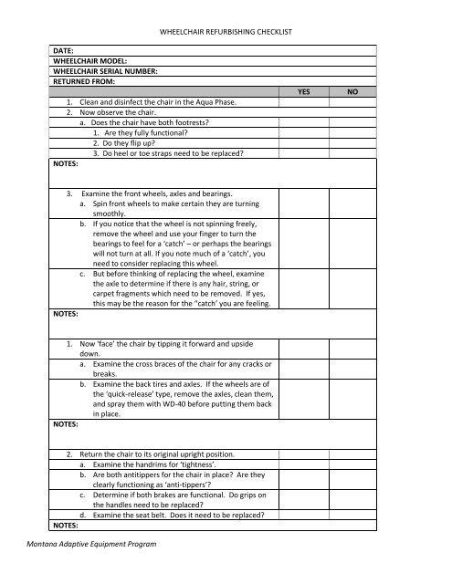 WHEELCHAIR REFURBISHING CHECKLIST Montana Adaptive ...