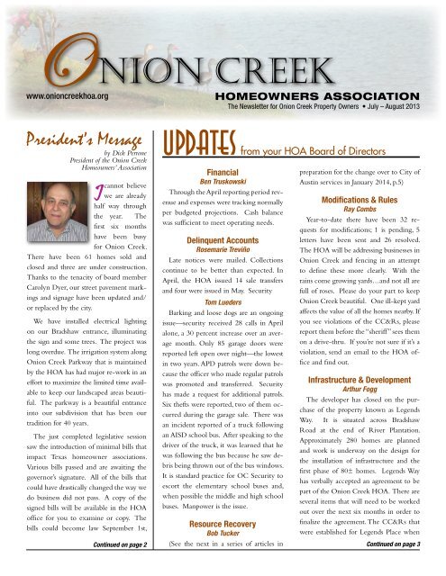 Most Recent HOA Newsletter - Onion Creek Homeowners Association