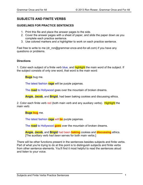 Download practice sentences for Subjects and Finite Verbs.