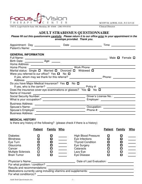 adult strabismus questionnaire - Focus Vision Therapy Center