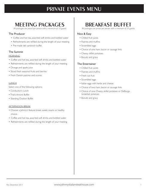 Private Events Menu - Johnny's Italian Steakhouse