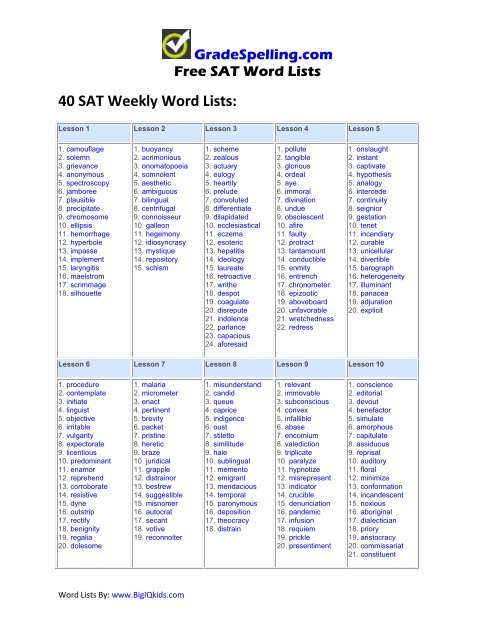 40 SAT Weekly Word Lists: - Printable SAT Vocabulary Word Lists