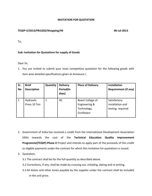 Invitation for the Quotation for Supply of Goods(Hydraulic Press 10 ...