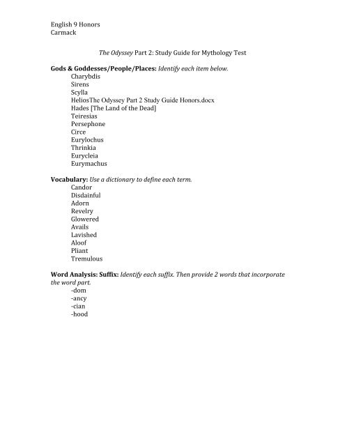 Greek Mythology Study Guide: Mythology Test [Honors]