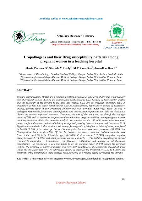 Uropathogens and their Drug susceptibility patterns among pregnant