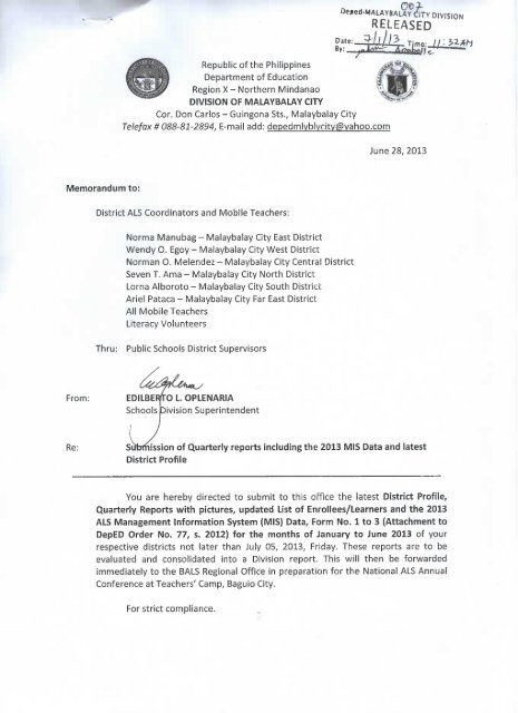 Unnumbered Memo - DepEd Division of Malaybalay City