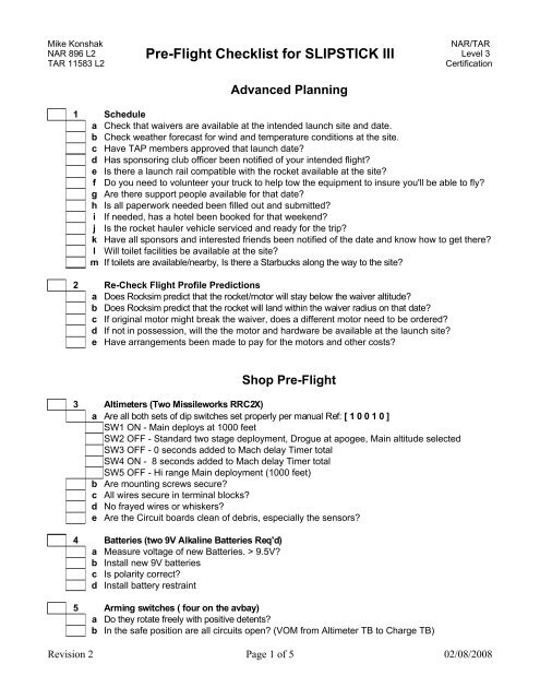 Pre-Flight Checklist for SLIPSTICK III - Telerover