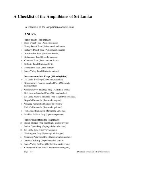 A Checklist of the Amphibians of Sri Lanka - Jetwing ECO Holidays