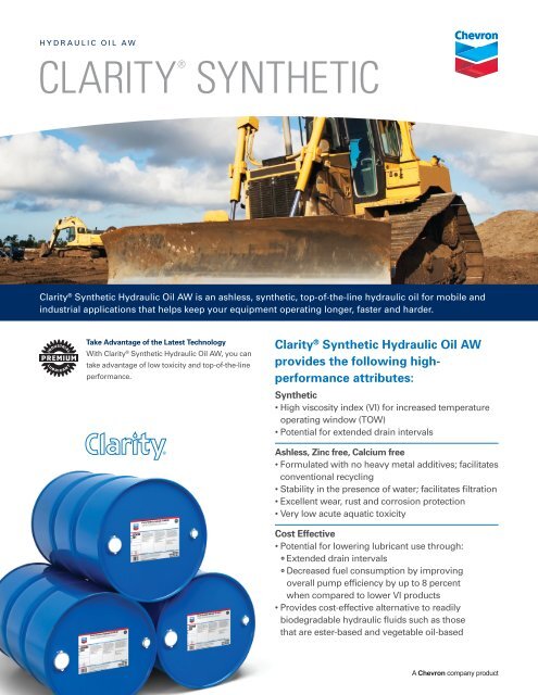 Clarity® Synthetic Hydraulic Oil AW - Chevron Lubricants