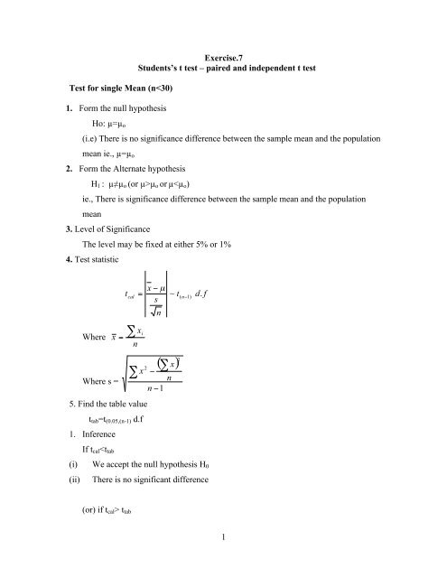1 Exercise.7 Students's t test – paired and independent t test Test for ...
