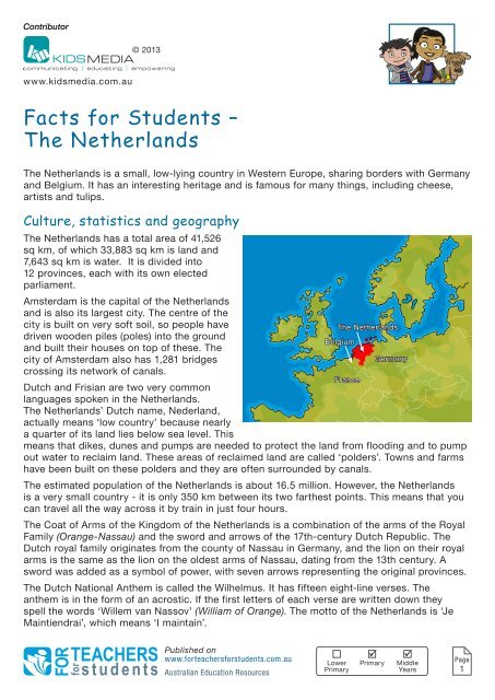 Facts for Students – The Netherlands - FOR TEACHERS for students
